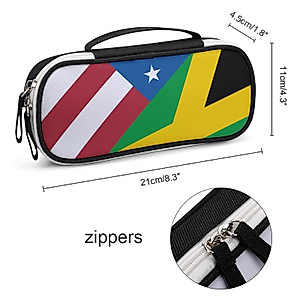 American Jamaican Flag PU Leather Pencil Pen Case Organizer Travel Makeup Handbag Portable Stationery Bag