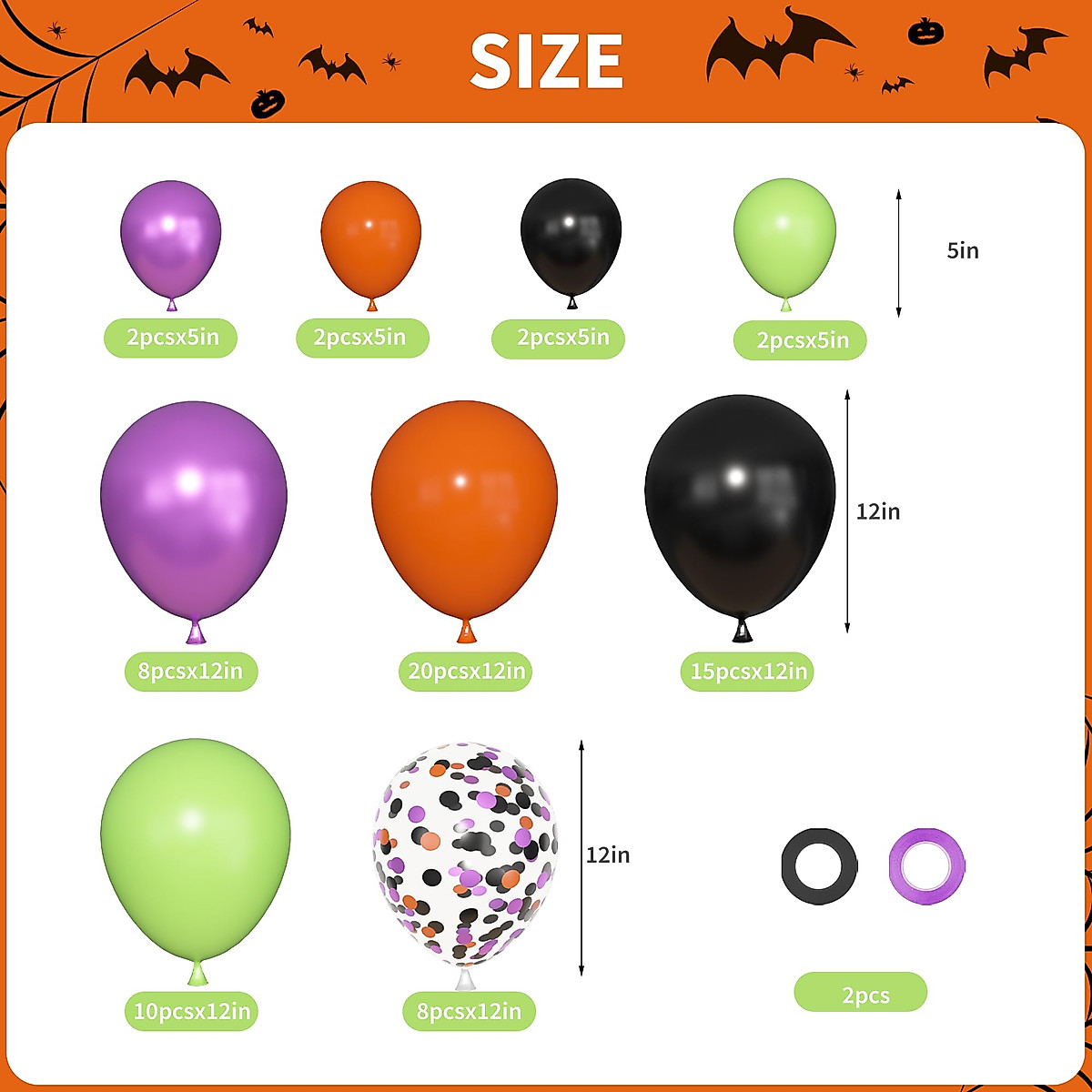 72Pcs Halloween Latex Balloons Kit,12inch Orange Black Purple Green Confetti Balloons Halloween Decorations for kids Halloween Celebration Party Decor
