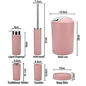 Otostar 6 Piece Bathroom Accessories Set Plastic Bath Accessories Lotion Bottles,Toothbrush Holder, Soap Dish,Toilet Brush with Holder,Trash Can,Tooth Mug Decorative Housewarming Gift (Pink)