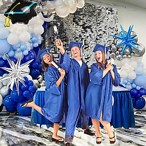 2024 Graduation Party Decorations blue and white balloon arch kit 135pcs-Congrats Grad Silver Letter Balloons, Starburst Foil Balloons for Blue Silver White Graduation Party Supplies