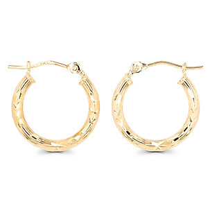 Solid 14K Yellow Gold Diamond Star Cut Hoop Earrings with Hinged Clasp | 2x15mm Hoop | Hypoallergenic Hoops For Sensitive Ears | Round Star Diamond Cut Earrings For Women