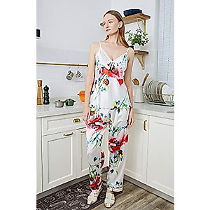Escalier Womens 5pcs Silk Satin Pajama Set Floral Cami Pjs Sleepwear Button Down Pj Sets Loungewear White