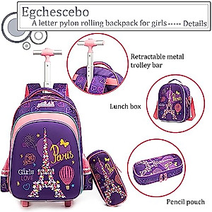 Egchescebo Kids Pylons Rolling Backpack for Girls 17" Suitcases Trolley Backpacks with Wheels 3PCS Luggage Backpacks Wheels with Lunch Box Pencil Case for Elementary Girl Travel School Bag Purple