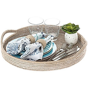 KOUBOO La Jolla Serving Tray, Brown Tray, Rattan Serving Tray, Serving Tray with Handles, Hosting Tray, Party Tray, Ottoman Tray, Tea, Living Room, Grill, Fruit, Display Tray, Servewear, White