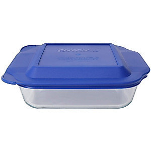 Pyrex Bundle - 4 Items: (1) 222 2qt Glass dish with (1) 222-PC 2qt Blue Lid & (1) 233 3qt Glass Dish with (1) 233-PC 3qt Blue Lid Made in the USA
