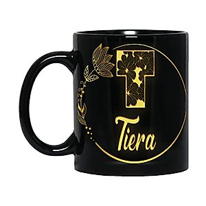 Coffee Mug Personalized Tiera Name & Initial Letter Monogram Floral Alphabet Mug Golden Flowers Custom Black Coffee Cup, Gift for Her Mom Coworker Sister, Wife, Girl 11oz Black Mug 977632