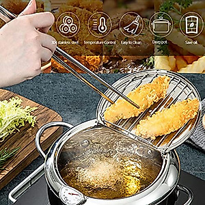 Wrqqwsy 9.45inch Deep Fryer Pot(°F), 3.4L Japanese Tempura Small Deep Frying Pot with Fahrenheit Thermometer, 304 Stainless Steel Deep Fryer with Oil Draining Rack for Tempura chips, Fries, Fish, and Chicken