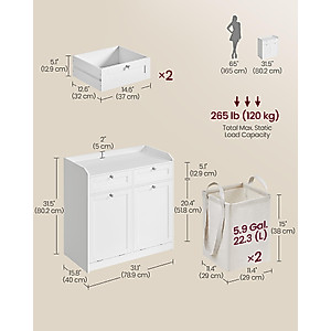 VASAGLE Bathroom Laundry Cabinet with Basket, with 2 Drawers and 2 Hidden Laundry Hampers, Freestanding, Tilt-Out Laundry Baskets with Handles, 15.8 x 31.1 x 31.5 Inches, Cloud White UBBC751W01