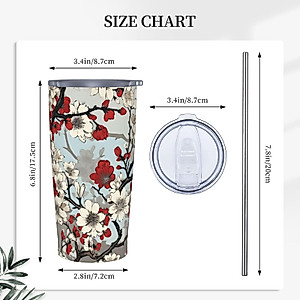 Zemwundy Red and white cherry blossoms 20oz tumbler stainless steel vacuum insulated coffee cup car cup travel mug water bottle with lid for hot and cold drinks