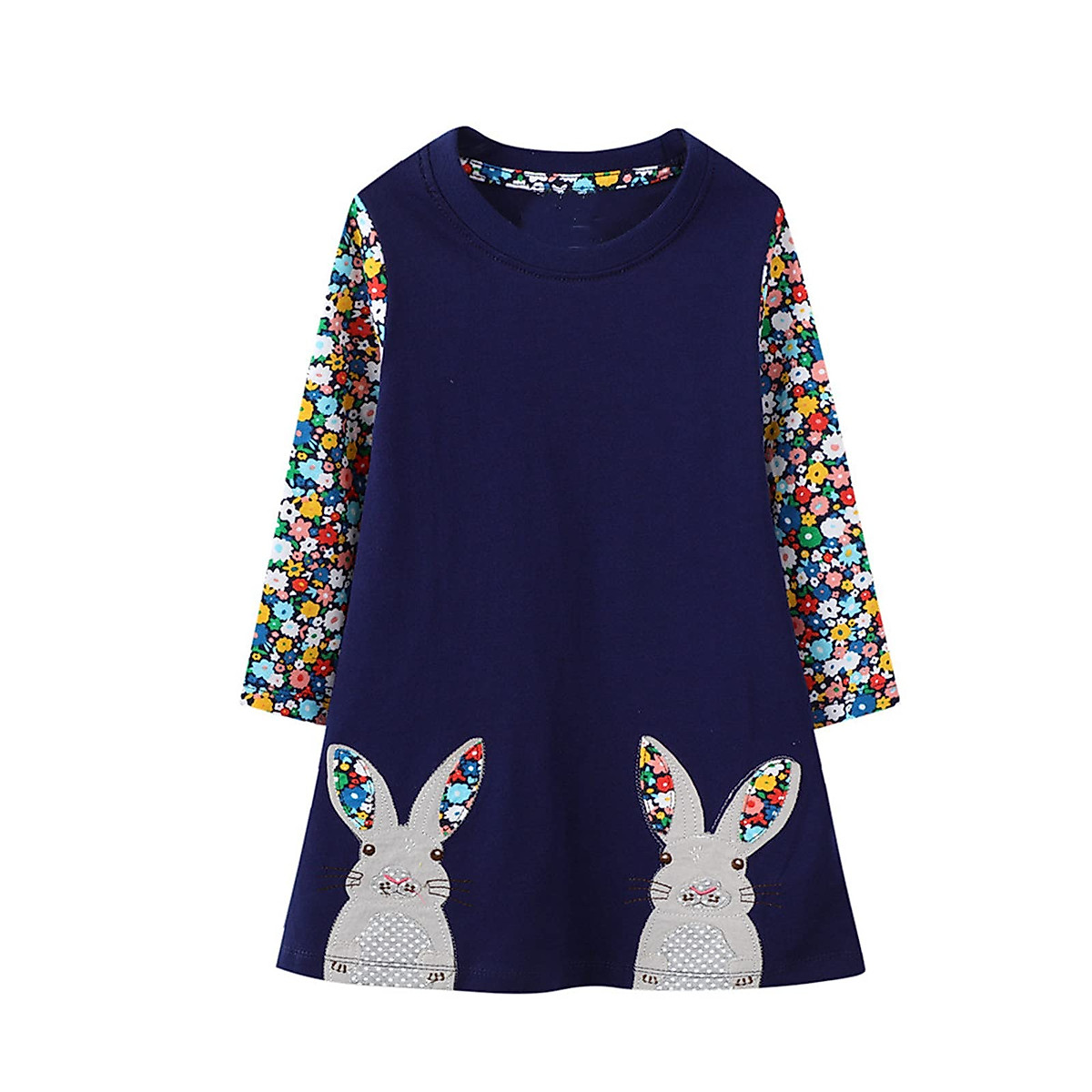 HILEELANG Kids Girl Dress Long Sleeve Winter Spring Easter Bunny Applique Cotton Casual Playwear Basic Shirt Dresses 5T
