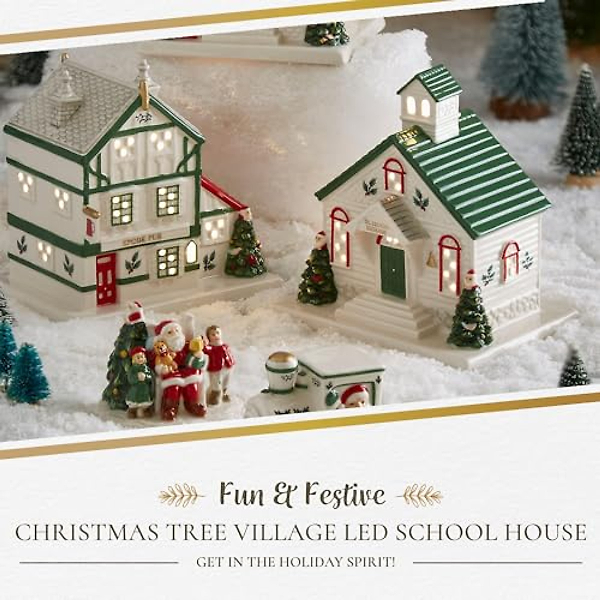 Spode Christmas Tree Miniature Village Figural Decoration, LED Lighted Village Set, Ceramic Holiday Decor - Dolomite Collectible for Indoor Display (School House)