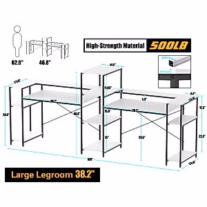 HYPIGO 109 Inches White Double Computer Desk, Extra Long Two Person Desk Workstation with Storage Shelves & Monitor Stand, Large Office Desk Study Writing Table for Home Office