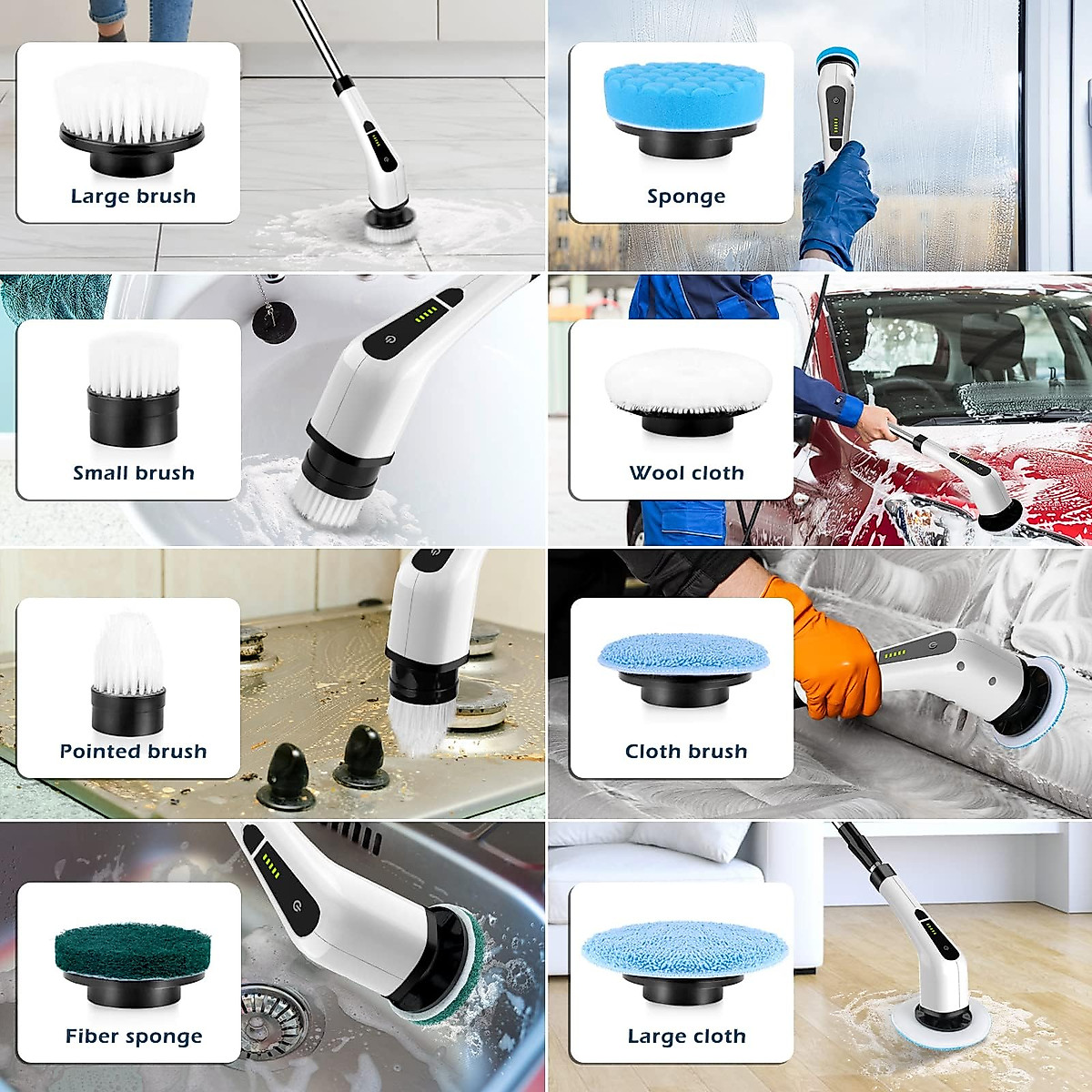 Electric Spin Scrubber, Cordless Cleaning Brush Tub Tile Scrubber for Home, 8 Replaceable Brush Heads, 90Mins Work Time 3 Adjustable Handle 2 Adjustable Speeds for Bathroom Shower Bathtub Glass Car