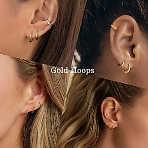 Gokeey Gold Hoop Earrings Set: 14k Gold Plated Lightweight Hoops - Huggie, Cartilage (6mm-12mm)