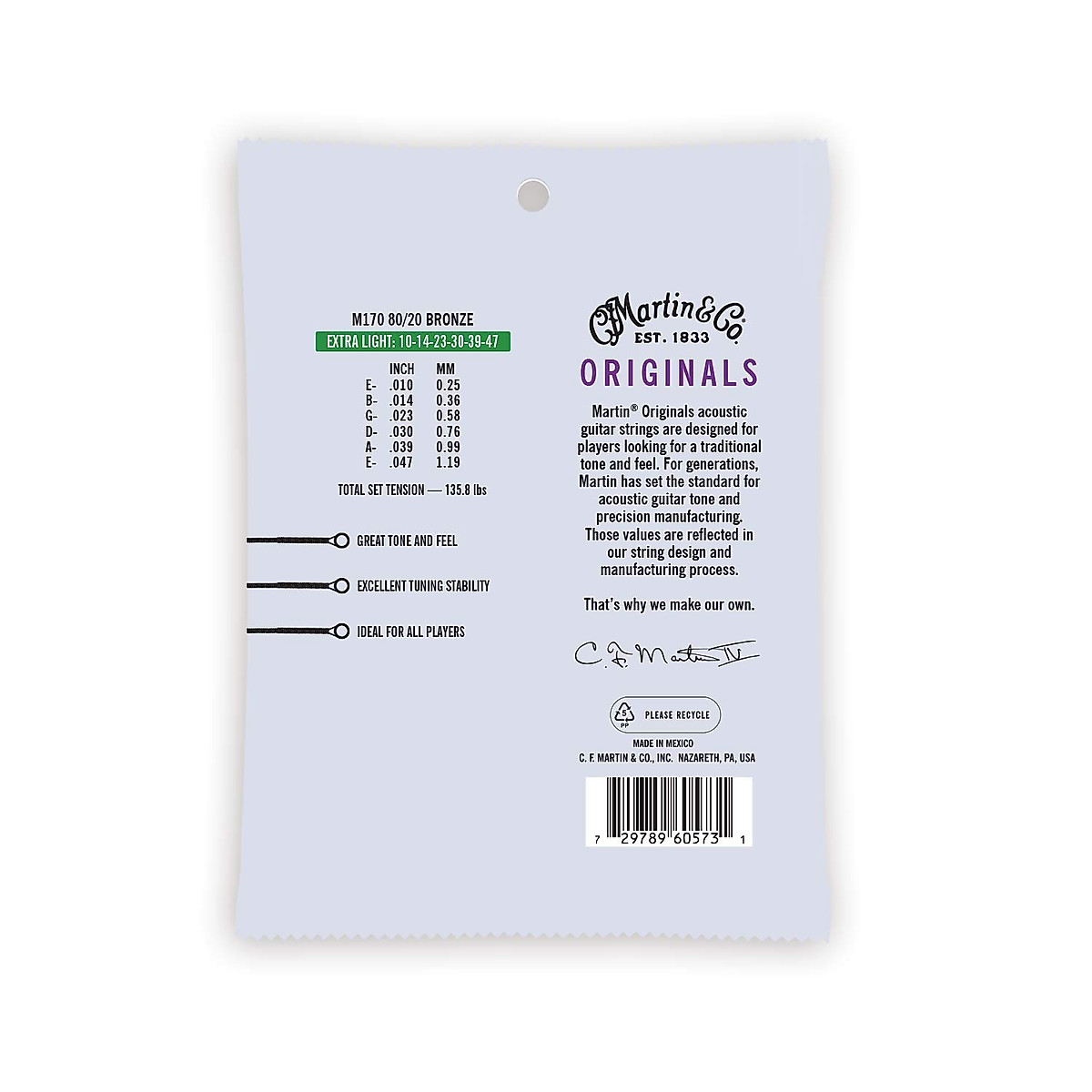 Martin Guitar Original Acoustic M170, 80/20 Bronze, Extra Light-Gauge Guitar Strings