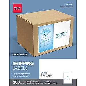 Office Depot® Brand White Inkjet/Laser Permanent Full-Sheet Labels, 505-O004-0012, 8 1/2" x 11", Box Of 100