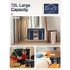 2-Pack Clothes Storage Container Set - Homlab 72L x 2 Closet Organizer Boxes With Steel Frame, Foldable Large Blanket Bins, Thick Oxford Fabric, Waterproof, Clear Window, Reinforced Handle, Zipper (Blue)