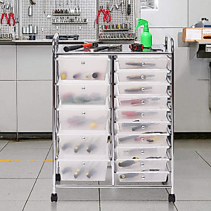 Giantex 15 Drawer Rolling Storage Cart Tools Scrapbook Paper Office School Organizer, Clear