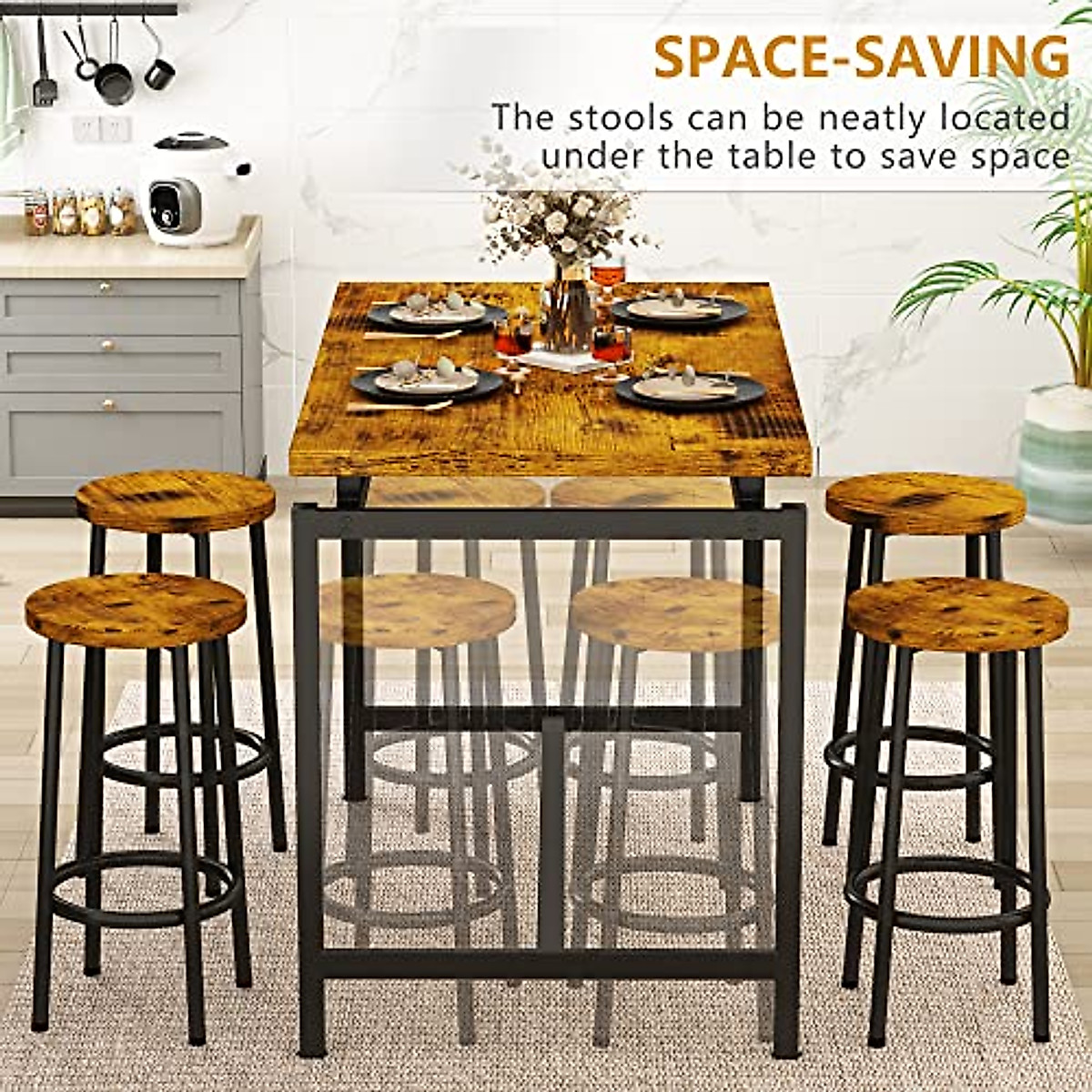 AWQM Bar Height Table and Chairs Bar Table with 4 Stools Industrial Counter Height Dining Sets for Kitchen, Table of 43.4 x 23.6 x 35.7 Inches, Stool of 11.8 x 11.8 x 23.8 Inches, Industrial Brown