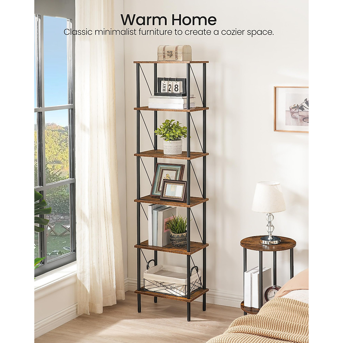 CHOEZON Narrow Book Shelf 6-Tier 67.2" Tall Bookcase with Protective Diagonal Braces, for Living Room, Bedroom, Study, Balcony, Rustic Brown and Black TCJ06BF