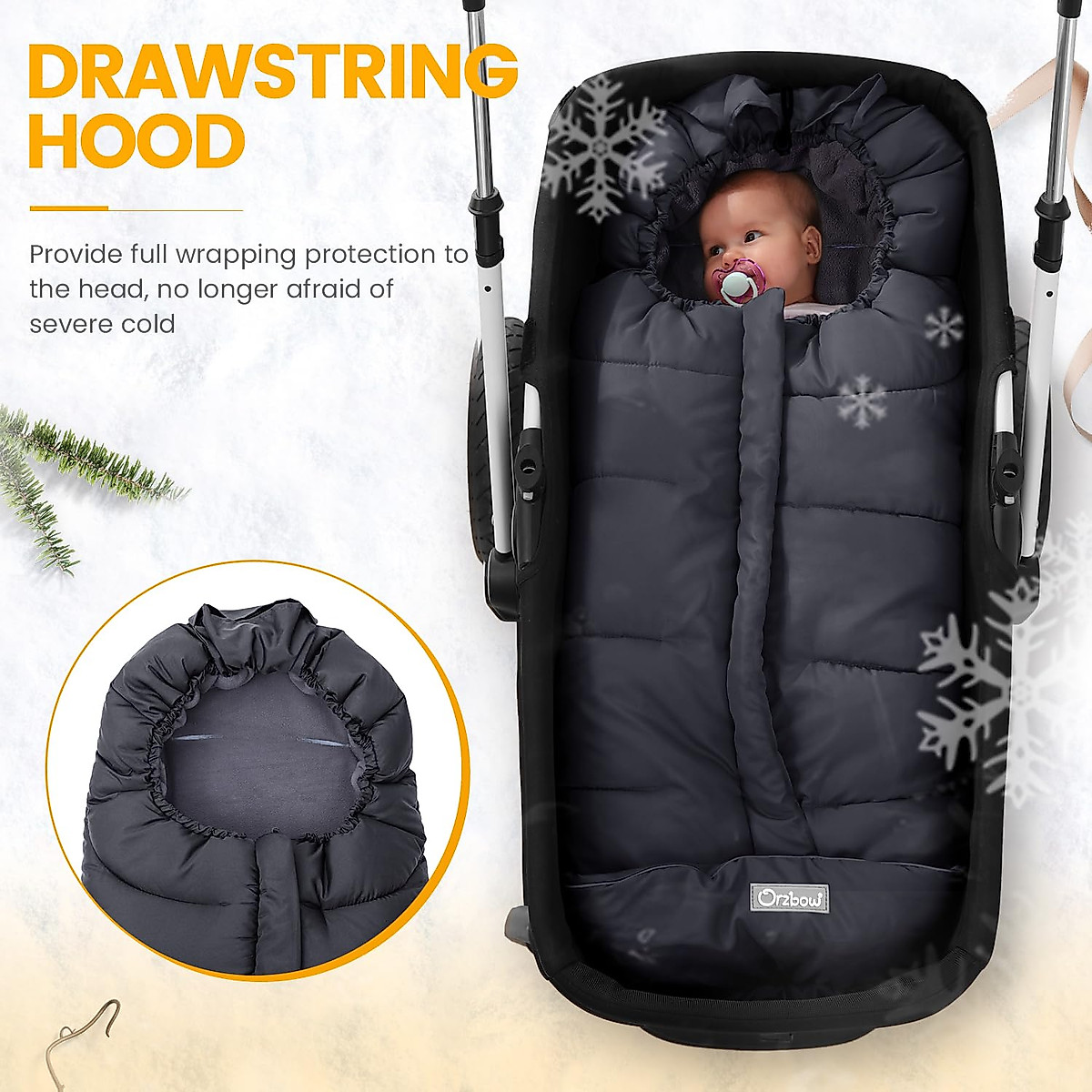 Orzbow Universal Footmuff for Stroller, Winter Warm Baby Stroller Bunting Bag, Waterproof Windproof Warm Polar Fleece Lined for Toddler Stroller Sleeping Bag, Black