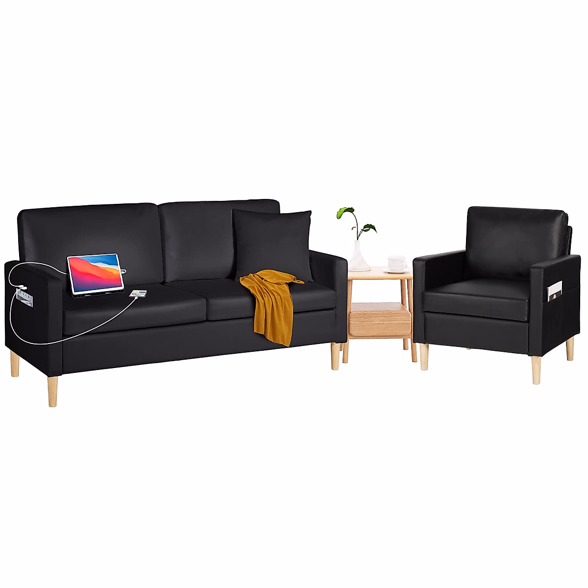 TYBOATLE Modern PU Leather Living Room Furniture 2 Pieces Sectional Sofa Couches Sets, Loveseat w/ 2 USB Charging Ports and Comfy Accent Arm Chairs for Small Space, Apartment, Office, Studio (Black)