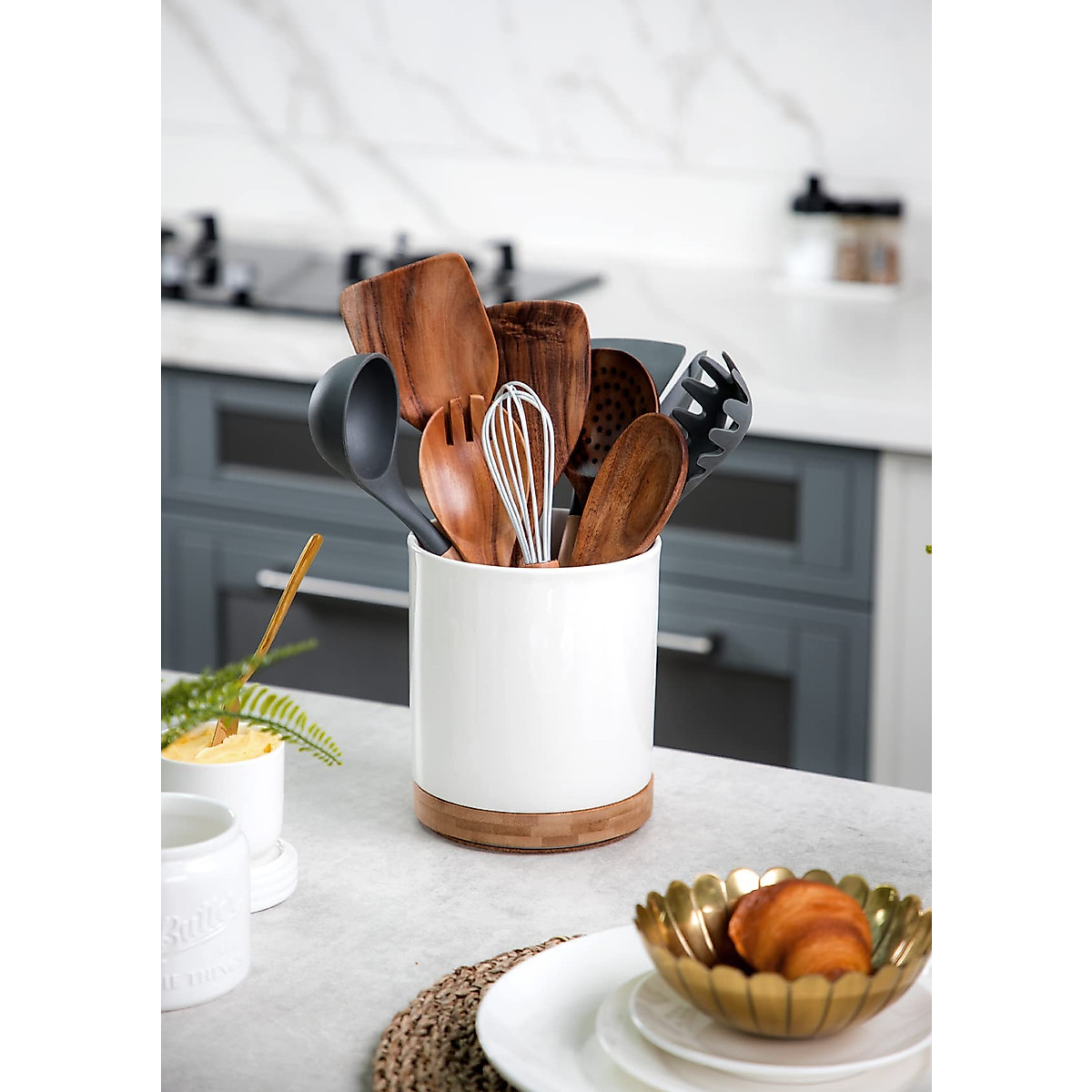 Nucookery 360° Rotating Utensil Holder, 7.2" Large Utensil Crock, White Ceramic Cooking Utensil Organizer with Countertop-Protection Cork Bottom for Farmhouse Kitchen Decor Gift (White)