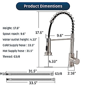 Allkorma Kitchen Faucet with Pull Down Sprayer, Commercial Spring Faucet for Sink, Brushed Nickel, SUS 304 Stainless Steel, Single Handle, 17.6"