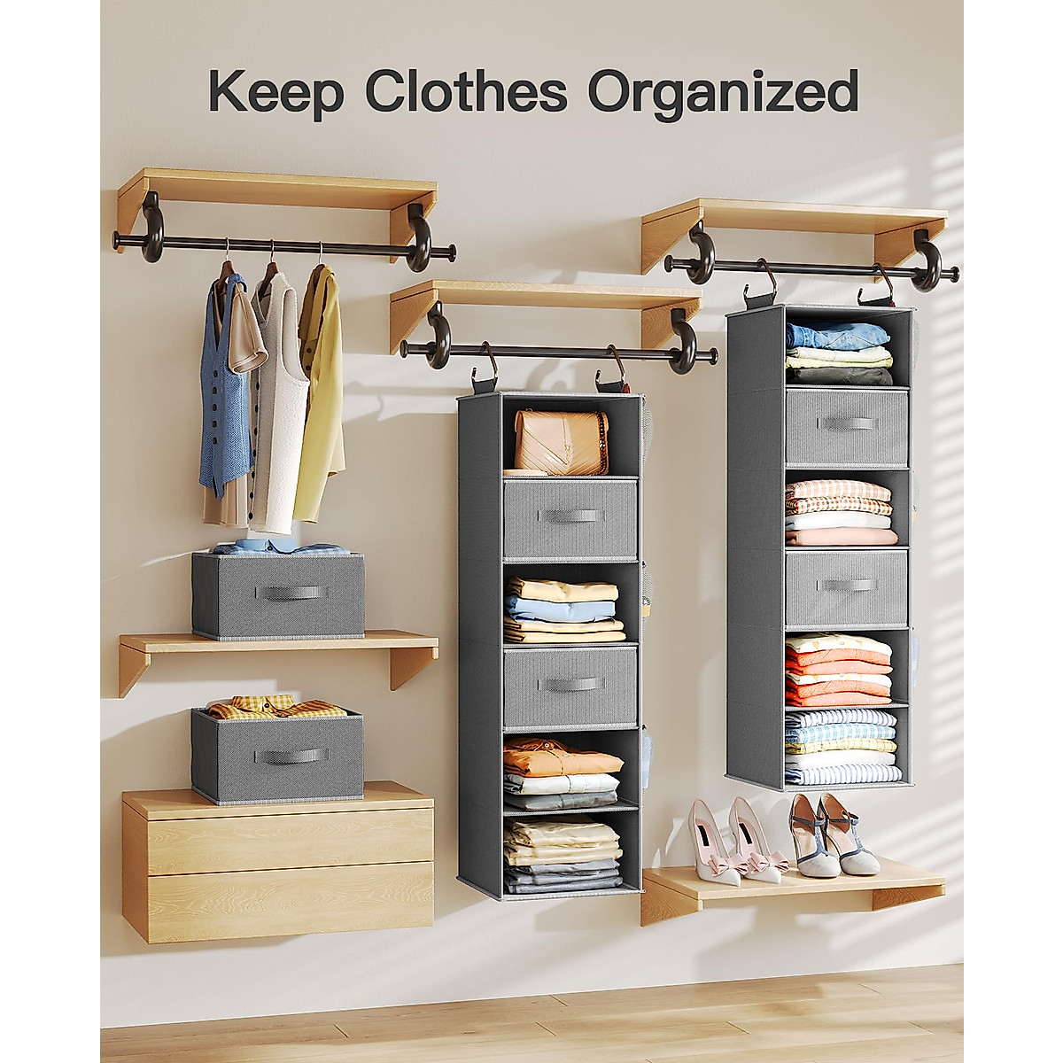 Pipishell Hanging Closet Organizer 6-Shelf, Hanging Shelves for Closet with 3 Removable Drawers & Side Pockets, Hanging Shelf Organizer for Bedroom or Garment Rack, 12'' x 12'' x 43.3'', Dark Gray