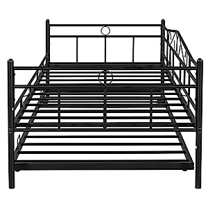 Twin Daybed with Trundle Metal Day Bed Frame with Pullout Trundle, Heavy-Duty Daybed for Living Room Bedroom Kids Teens and Adults, Black