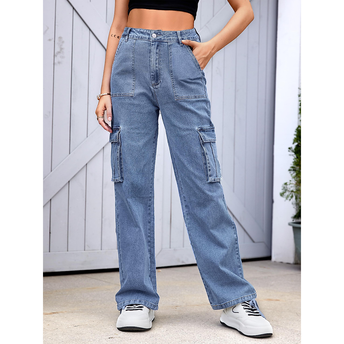 ZMPSIISA Women High Waisted Cargo Jeans Pants Wide Leg Casual Denim Pants 6 Pockets Combat Military Trousers(Denim Blue,X-Large)