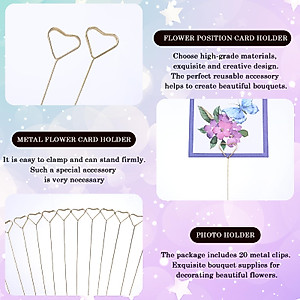 Mabor 20Pcs Flower Card Holder Stick, Metal Floral Place Card Holder 11.8 inche Heart Shape Flower Card Holders Gold Metal Card Picture Holder Pick for Wedding and Party