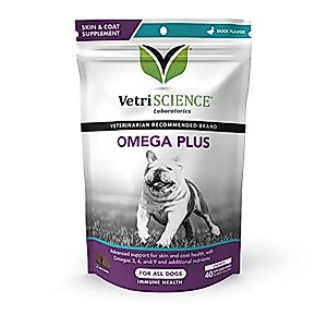 VetriScience Omega Plus Advanced Skin Supplement for Dogs – Fish Oil Supplement for Itchy Skin with Omegas 3, 6, 9 Fatty Acids and Added Nutrients
