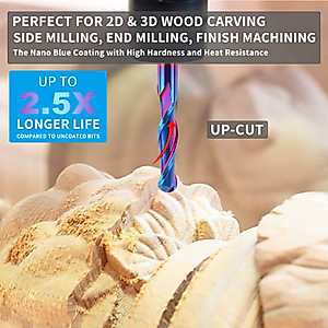 EANOSIC Carbide Ball Nose CNC Router Bit 1/4" Shank, Extra Long 3" Spiral Ball Nose End Mill Wood Milling Tool with Blue Nano NACO Coating