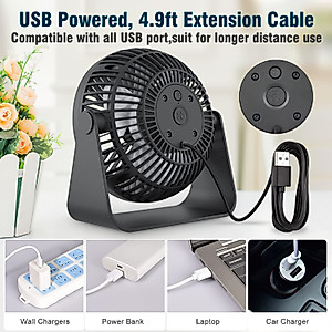 WayToLight 5.3 inch USB Desk Fan with LED Light, 3 Speeds, 360° Adjustment, Portable Mini Desktop Table Fan, Small Personal Cooling Fan for Home Office Outdoor, Black