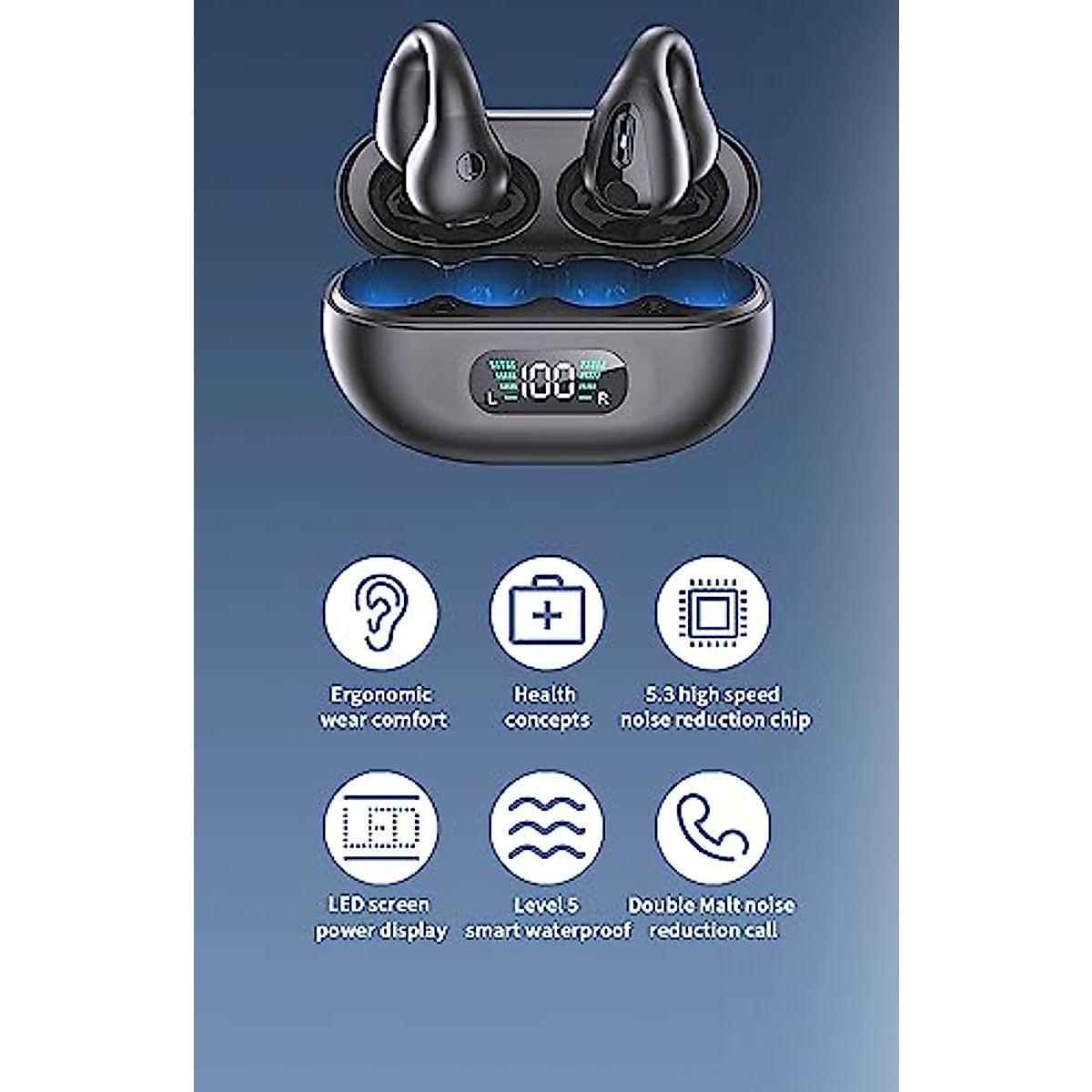 QLXAQLX Clip Bone Conduction Headphones Clip-on Wireless Earbuds Built-in Mic Sweat Resistant Noise Cancelling Earphones Open Ear Design Earphones Headset for Cycling Driving led Display (White)