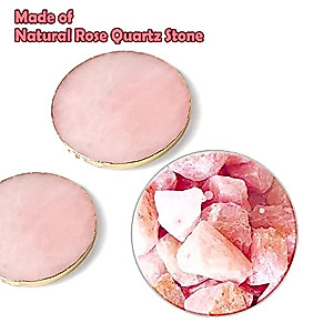 Rose Quartz Coaster Single with Stand (1Pcs),Pink Round Agate Coaster for Drinks,Natural Rose Crystal Stone with Golden Edge, Gemstone Geode Decor Gifts (1)