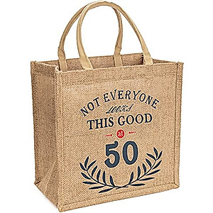 CQNET 50th Birthday Keepsake Gift Bag for Women, Novelty Jute Cotton Tote Giftable Present Bag for Mom, Wife or Friend, Beige, Medium