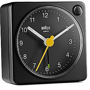 Braun Classic Travel Analogue Clock with Snooze and Light, Compact Size, Quiet Quartz Movement, Crescendo Beep Alarm in Black, Model BC02XB, One