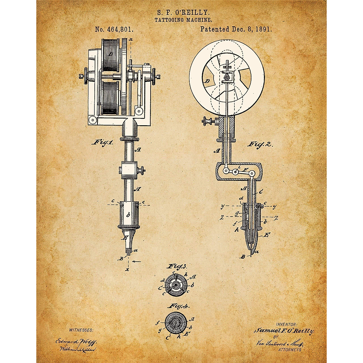 Original Tattoo Machine Patent Prints - Set of Four Photos (8x10) Unframed - Makes a Great Tattoo Artist Gift - Tattoo Shop Decor and Gift Under $20 for Tattoo Artists and Ink Fans