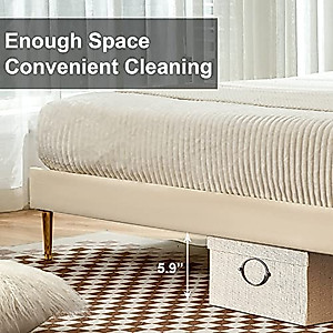 AsKmore Queen Size Bed Frame,Velvet Upholstered Platform with Headboard and Strong Wooden Slats,Non-Slip and Noise-Free,No Box Spring Needed, Easy Assembly,Beige