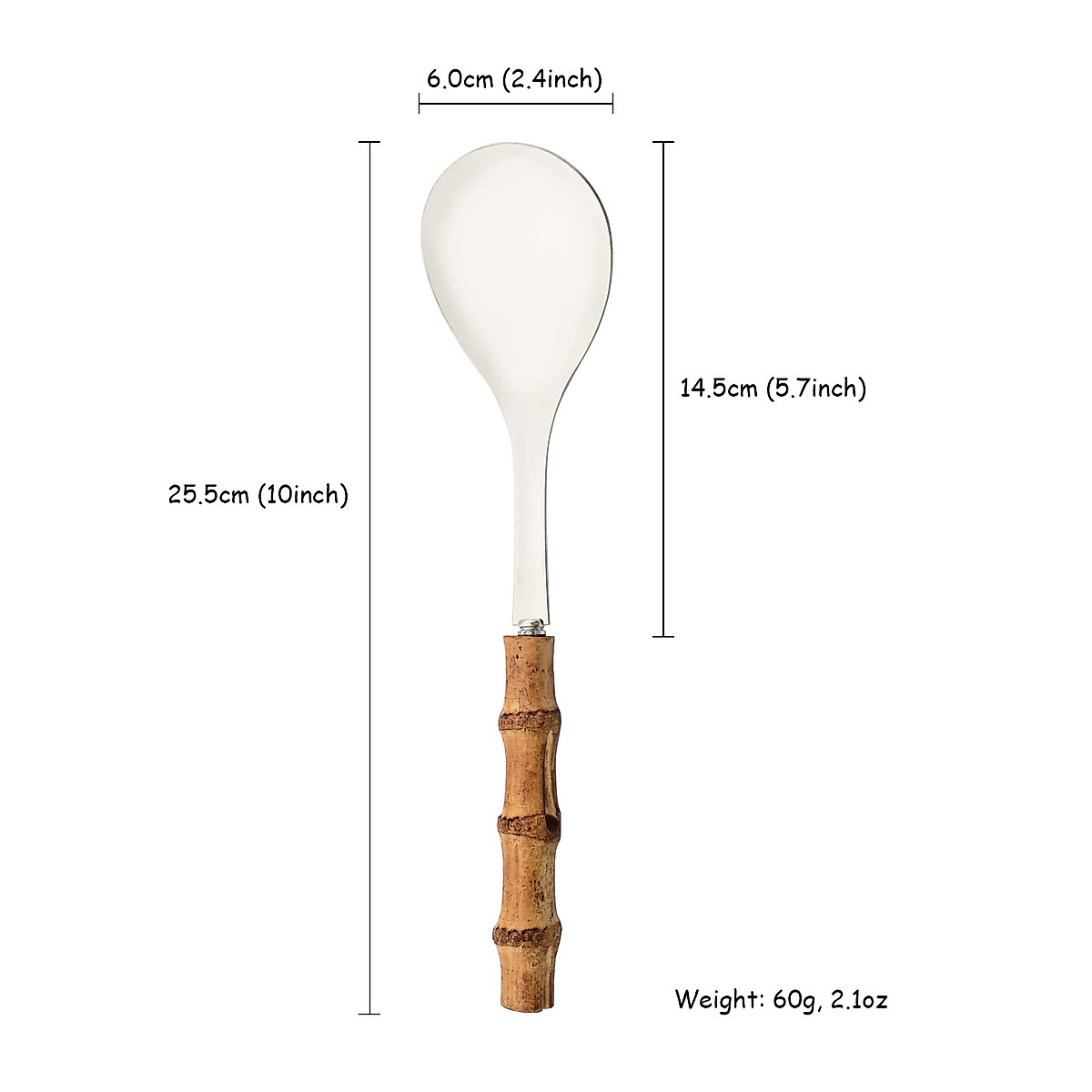Natural Bamboo Handle Serving Spoons Set of 6, Large Size Stainless Steel Dinner Buffet Catering Banquet Serving Spoons, 10.0" Silver Big Ladle Tablespoons for Home, Family Serving Utensils
