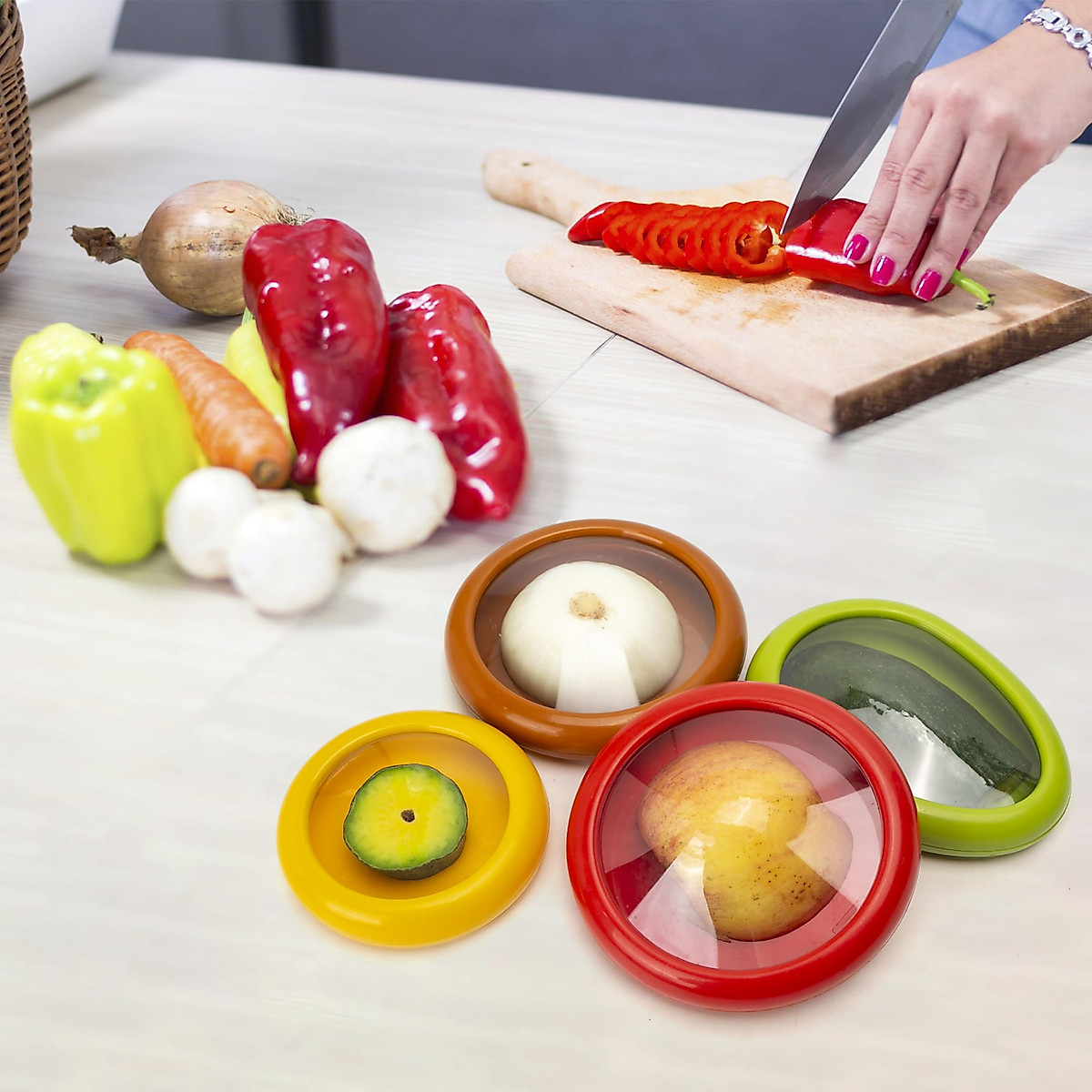 4 Pieces Set Avocado Saver, Onion Silicone Storage, Half Cut Fruit Containers - Reusable Kitchen Gadgets for Fridge - Food Huggers for Cheese, Vegetable, Tomato Holder, Lemon Fresh Stretch Pods Keeper