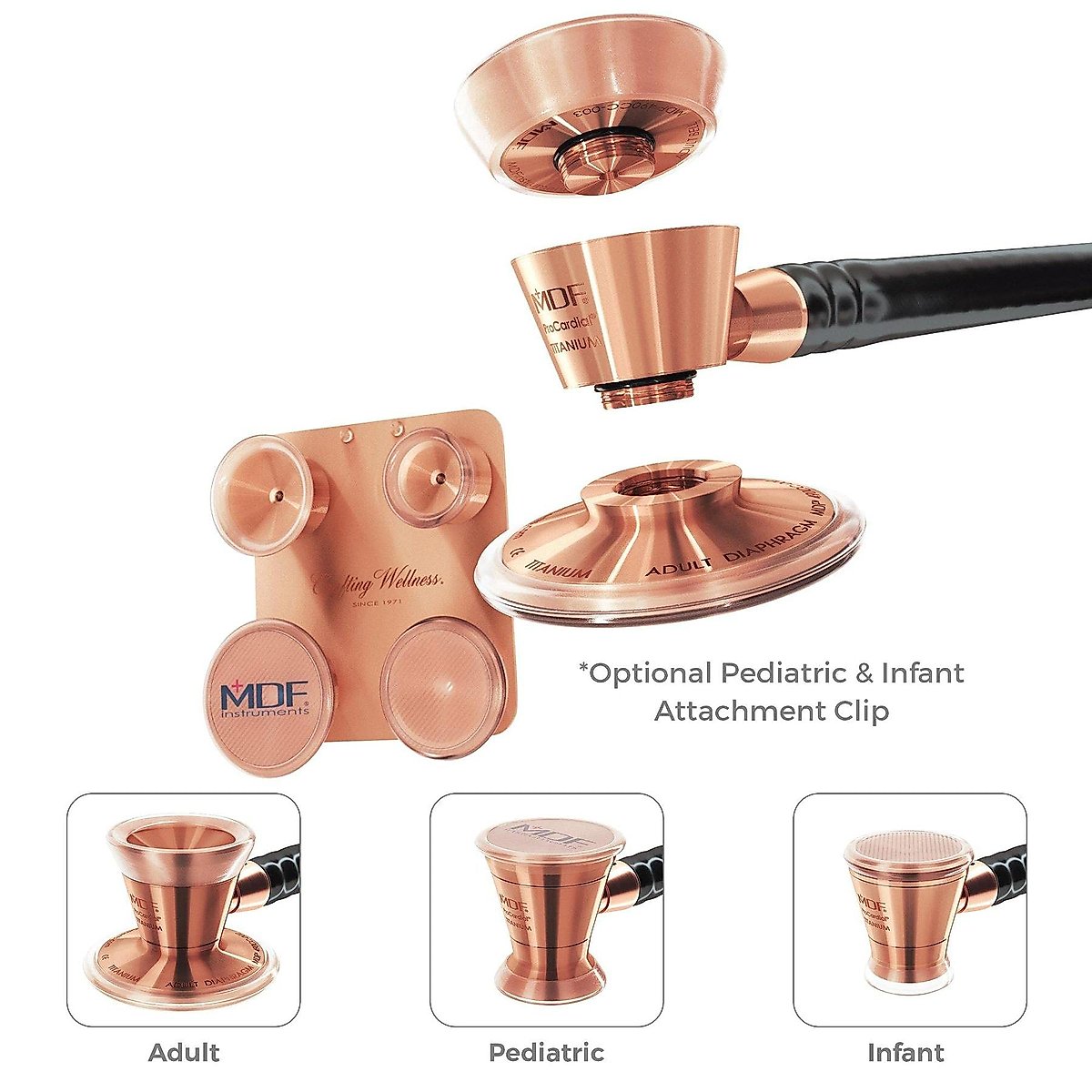 MDF Instruments Pediatric and Neonatal Attachments with Clip - for MDF Instruments ProCardial Titanium Stethoscope - Rose Gold