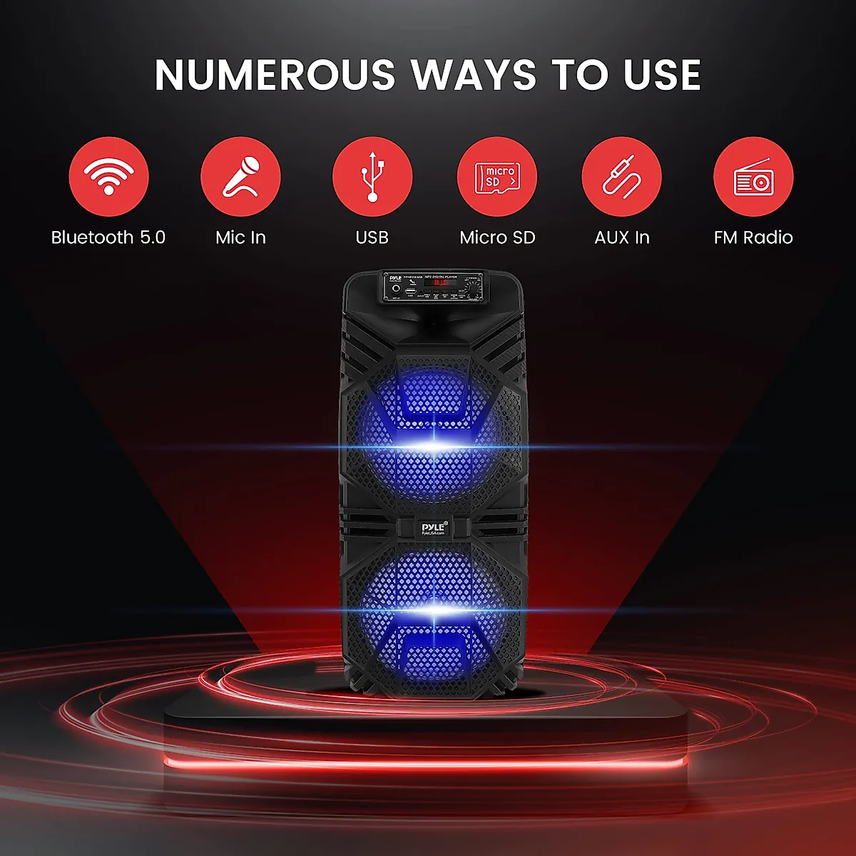 Pyle Bluetooth PA Speaker System - 600W Rechargeable Outdoor Bluetooth Speaker Portable PA System w/ Dual 8” Subwoofer 1” Tweeter, Microphone In, Party Lights, USB, Radio, Remote - Pyle PPHP2836B