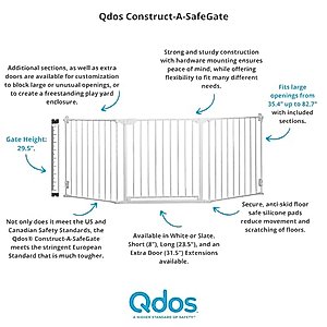 Qdos Safety Construct-A-SafeGate Customizable Extra Wide Walk-Through Baby Gate Fits 35.4”-82.7” with Included 2 Sections & Door | for Fireplaces, Large Openings or Unique Stairways | White