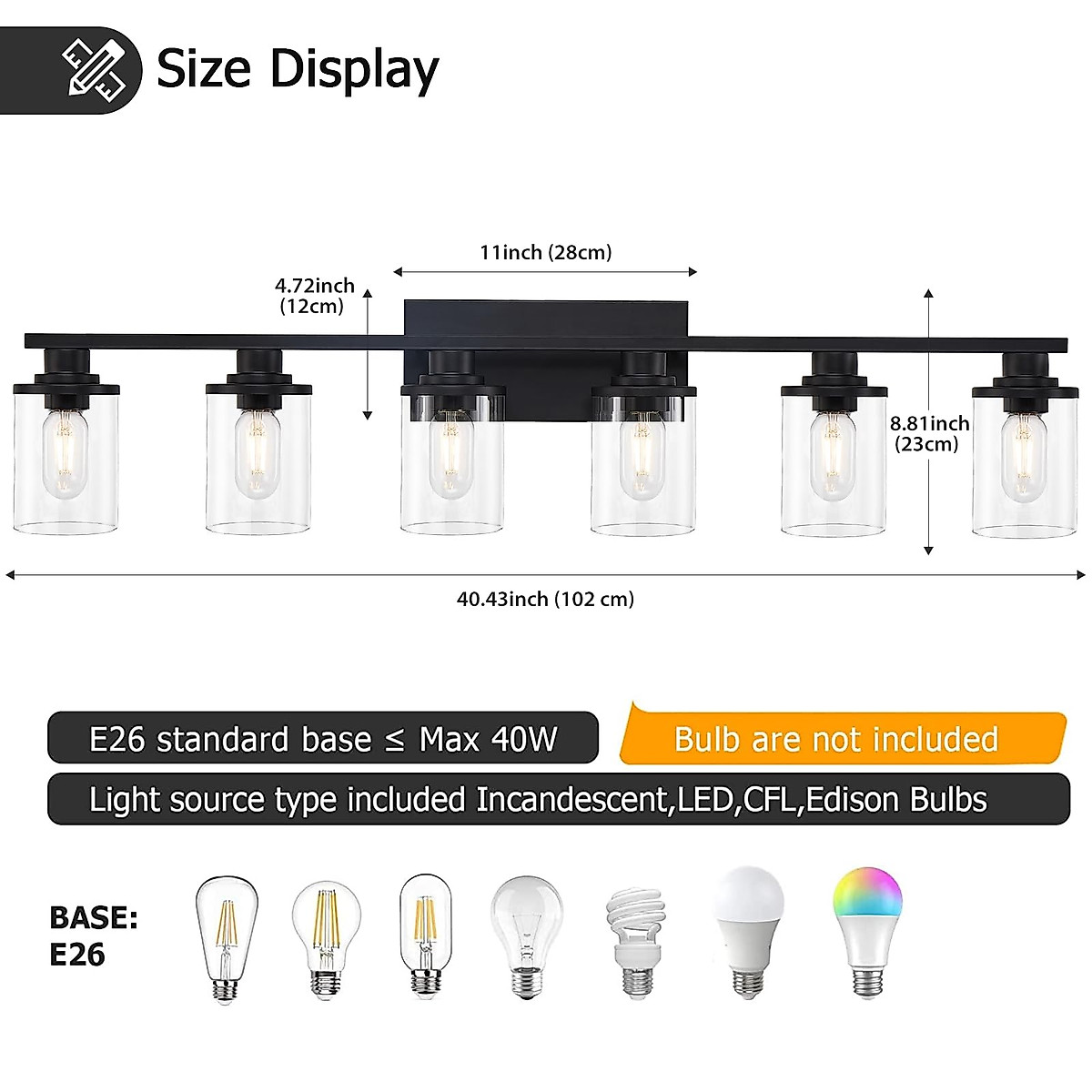 stambord 6 Light Matte Black Bathroom Vanity Light Fixtures with Clear Glass and Metal Base, Black Vanity Lights for Bathroom Over Mirror