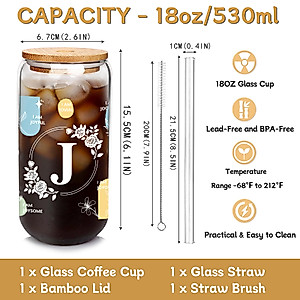 Initial Glass Cups with Lids and Straws, Personalized Gifts for Women 18 oz Iced Coffee Cup Glass Tumbler, Cute Glass Cups Inspirational Birthday Christmas Gifts for Women Girls (J)