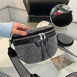Fashion Rhinestone PU Leather Waist Bag,Sparkle Evening Handbag Crossbody Bags Bling Shoulder Bags,Rhinestone Purse for Women (Silver)