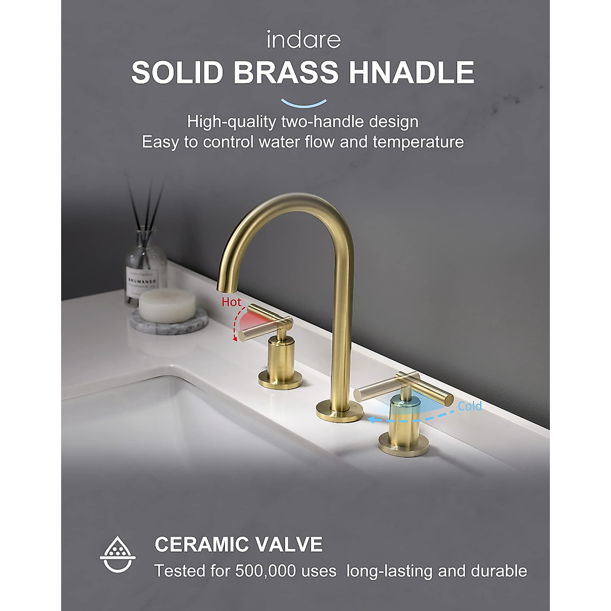 Brushed Gold Bathroom Faucet, Indare Two Handles 360° Swivel Spout Widespread 4Inch 8Inch Brass Bathroom Sink Faucet 3 Hole with Pop-Up Drain and Water Supply Lines, Upgraded Style